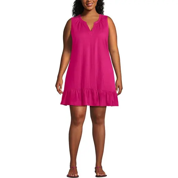 LANDS' END Sleeveless Cotton Jersey Notch Neck Flounce Dress - Cherry Fuchsia
