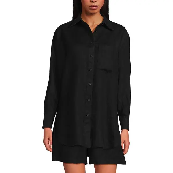 LANDS' END Linen Oversized Button-front Tunic - Black