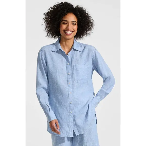 LANDS' END Linen Oversized Button Front Shirt - Soft Blue Linen