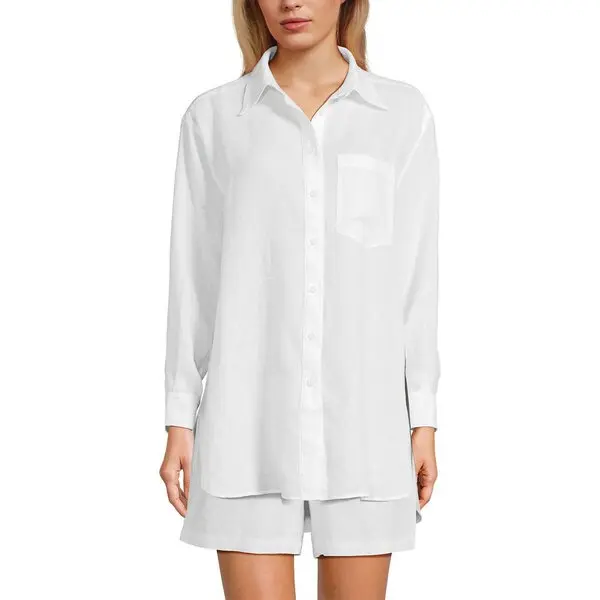 LANDS' END Linen Oversized Button-front Tunic - White