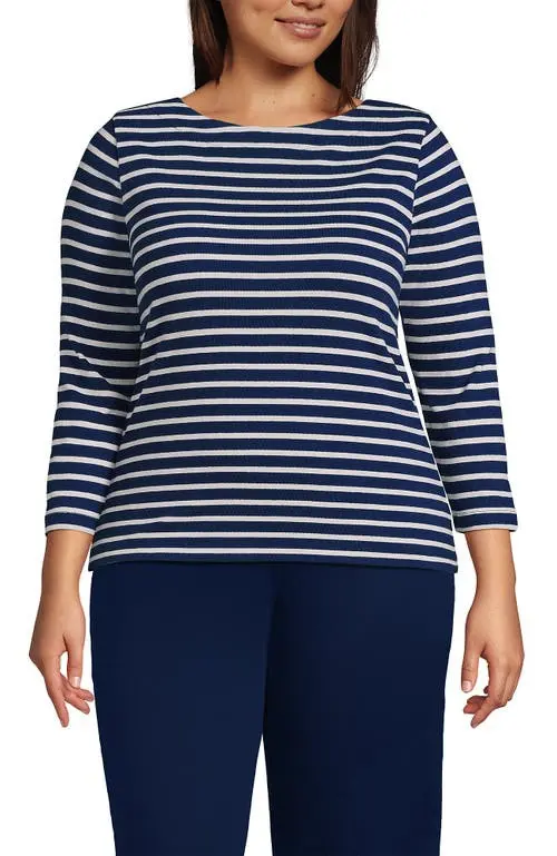 LANDS' END Mariner Jersey Boatneck Top - Deep Sea/ivory Breton Stripe