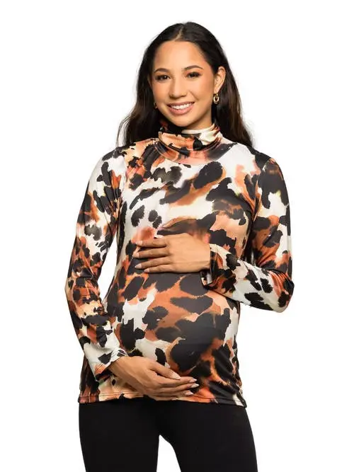 24SEVEN COMFORT APPAREL Maternity Animal Print Turtleneck Top