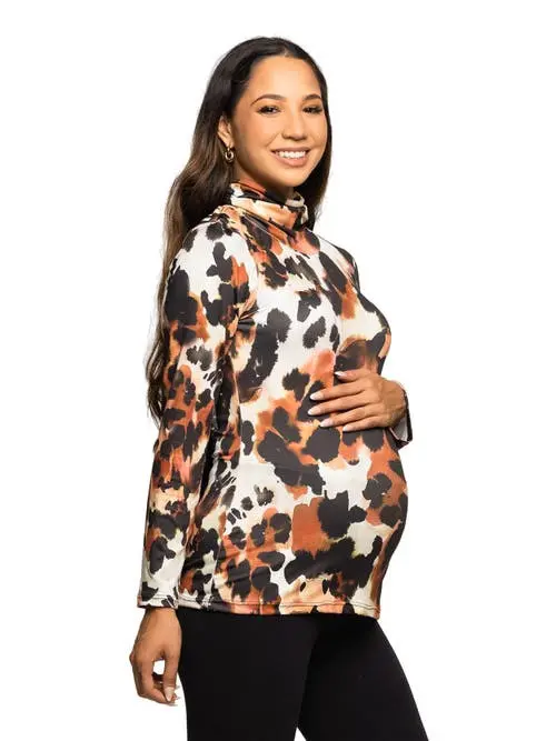 24SEVEN COMFORT APPAREL Maternity Animal Print Turtleneck Top