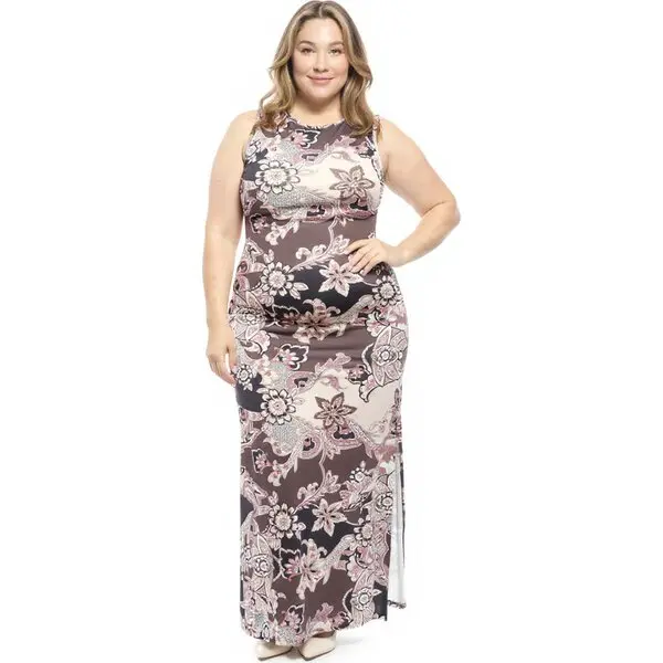 24SEVEN COMFORT APPAREL Sleeveless Round Neck Maxi Dress With Side Slit - Brown Multi
