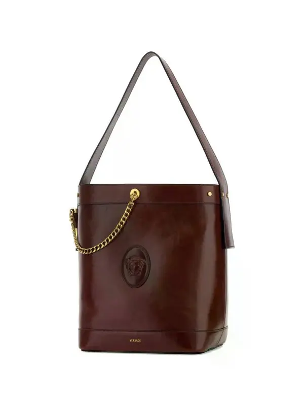 Versace Pivot Leather Bucket Bag - Brown