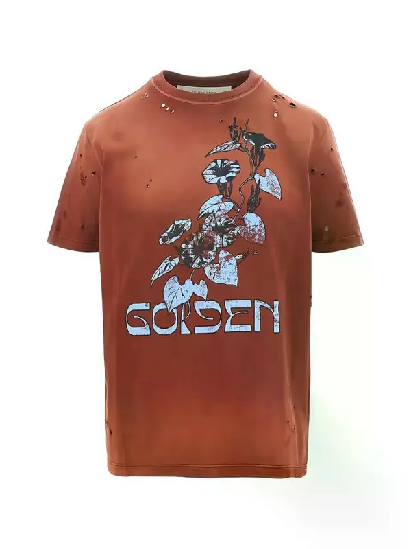 GOLDEN GOOSE Distressed Floral Print Cotton T-shirt - Brown