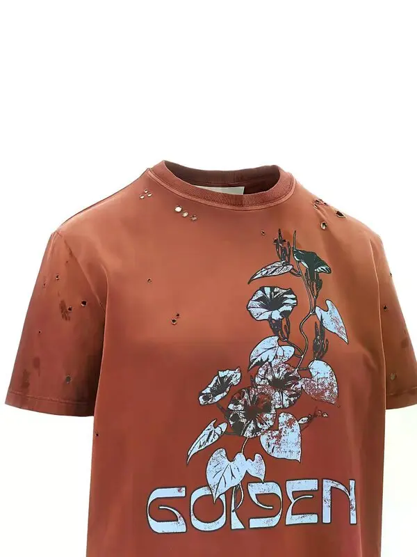 GOLDEN GOOSE Distressed Floral Print Cotton T-shirt - Brown