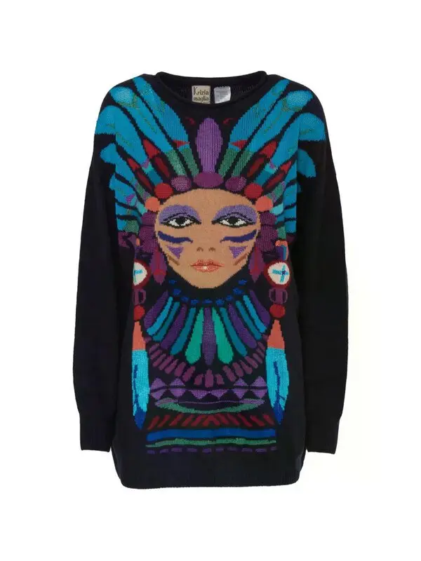 KRIZIA Intarsia Knit Graphic Print Crew Neck Sweater