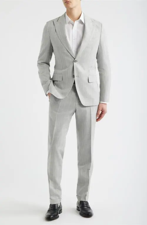 BOSS Huge Slim Fit Light Grey Stripe Peak Lapel Cotton & Wool Suit