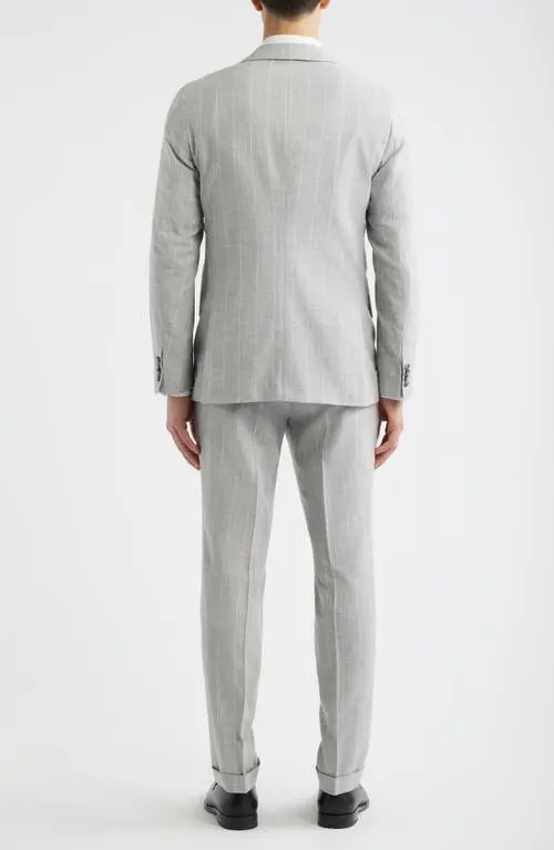BOSS Huge Slim Fit Light Grey Stripe Peak Lapel Cotton & Wool Suit