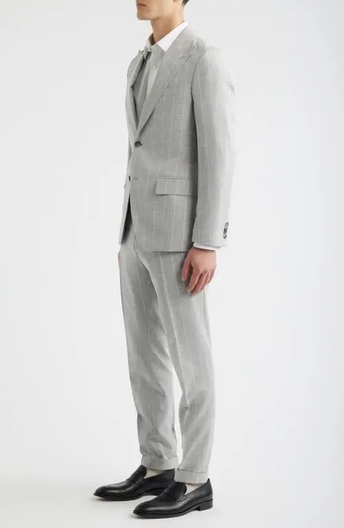 BOSS Huge Slim Fit Light Grey Stripe Peak Lapel Cotton & Wool Suit