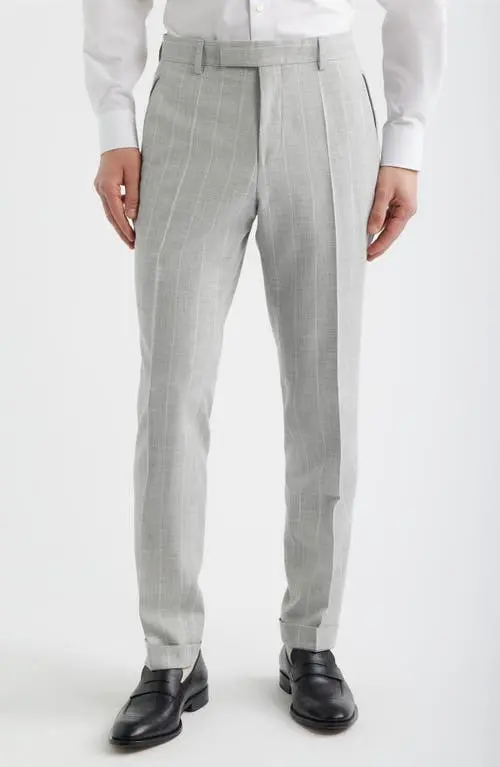 BOSS Huge Slim Fit Light Grey Stripe Peak Lapel Cotton & Wool Suit