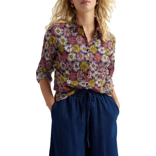 SEASALT CORNWALL Larissa Crinkled Floral Organic Cotton Button-up Shirt - Painted Asters Maritime