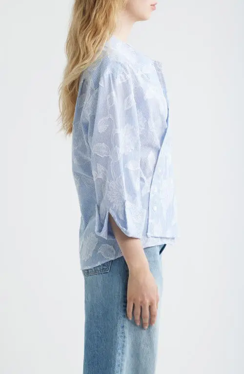 CISSA Floral Appliqué Stripe Cotton Blend Wrap Shirt - Botanic Overlay