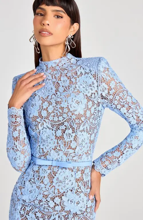 nadine long sleeve midi dress NADINE MERABI Juliette Long Sleeve Lace Cocktail Dress - Blue