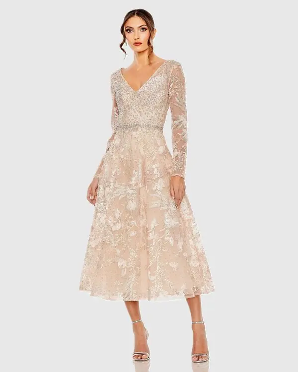 Mac Duggal Embroidered Long Sleeve Midi Dress