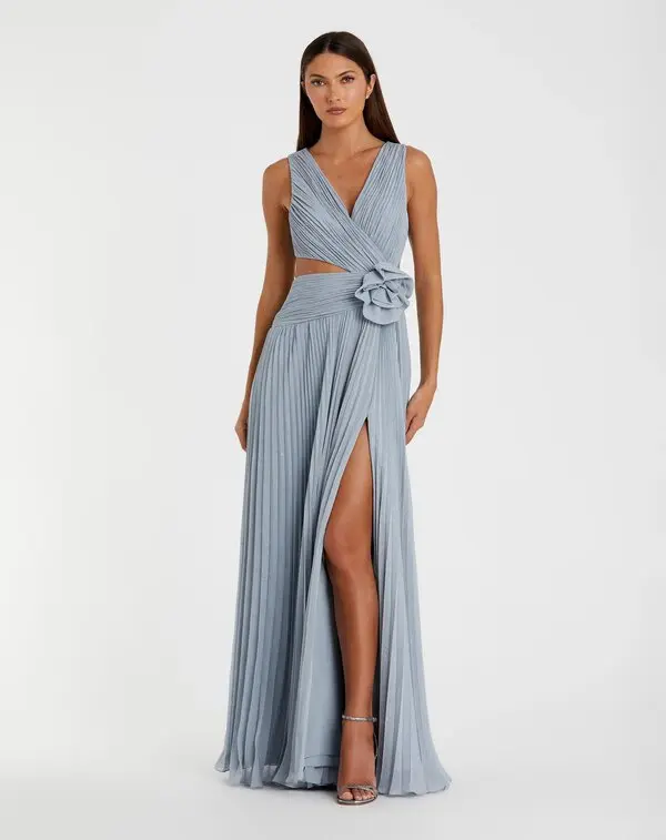 Mac Duggal Chiffon Gown With 3d Flower And Slit - Blue