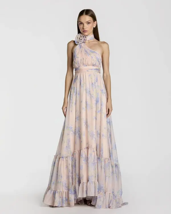 Mac Duggal Asymmetrical Ruffled Halter Floral Gown - Pink