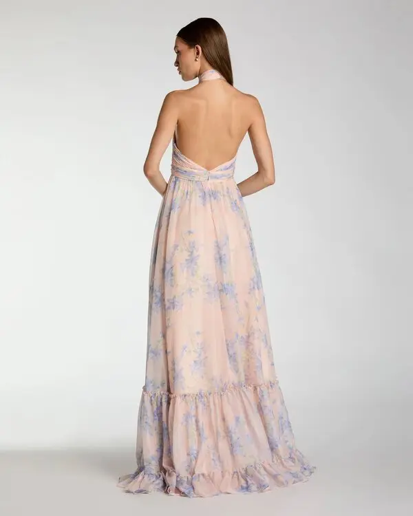 Mac Duggal Asymmetrical Ruffled Halter Floral Gown - Pink