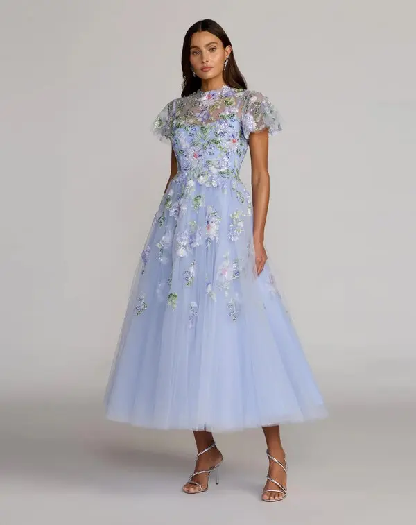 Mac Duggal Embroidered A-line Midi Dress With Flutter Sleeves