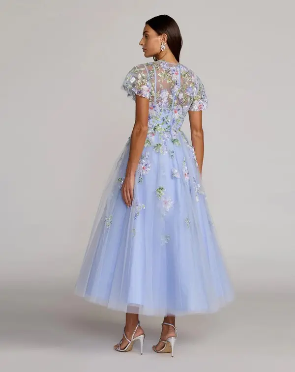 Mac Duggal Embroidered A-line Midi Dress With Flutter Sleeves
