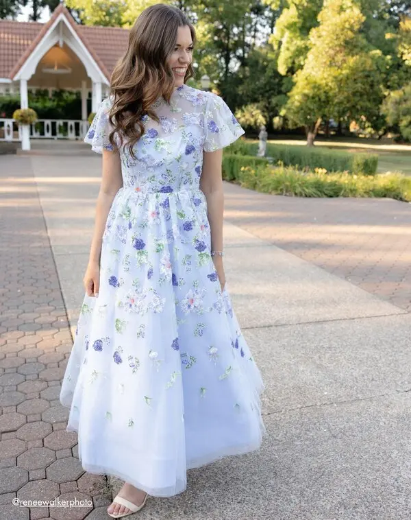 Mac Duggal Flutter Sleeve Embroidered A-line Midi Dress