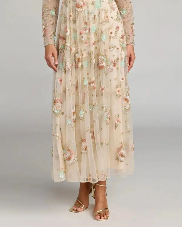 Mac Duggal Embellished Floral Long Sleeve Midi Dress
