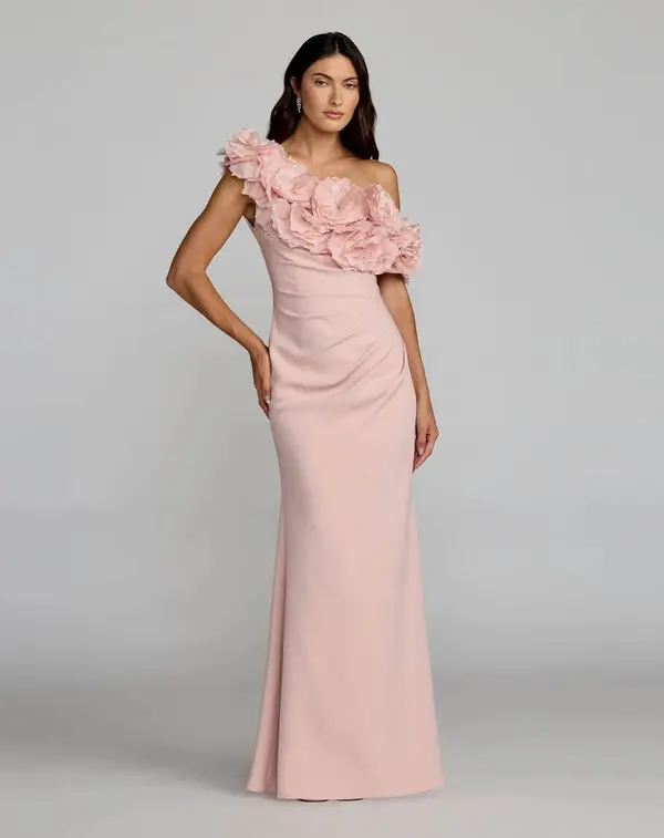 Mac Duggal One Shoulder Gown With 3d Floral Rosettes
