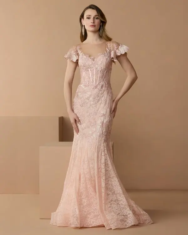 MAC DUGGAL COLLECTION Embroidered Lace Flutter Sleeve Mermaid Gown