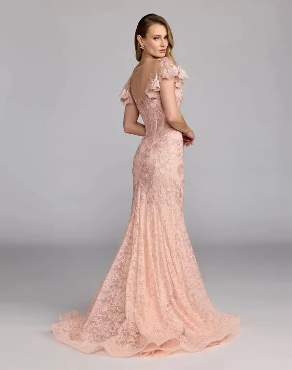 MAC DUGGAL COLLECTION Embroidered Lace Flutter Sleeve Mermaid Gown