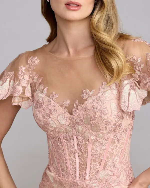 MAC DUGGAL COLLECTION Embroidered Lace Flutter Sleeve Mermaid Gown