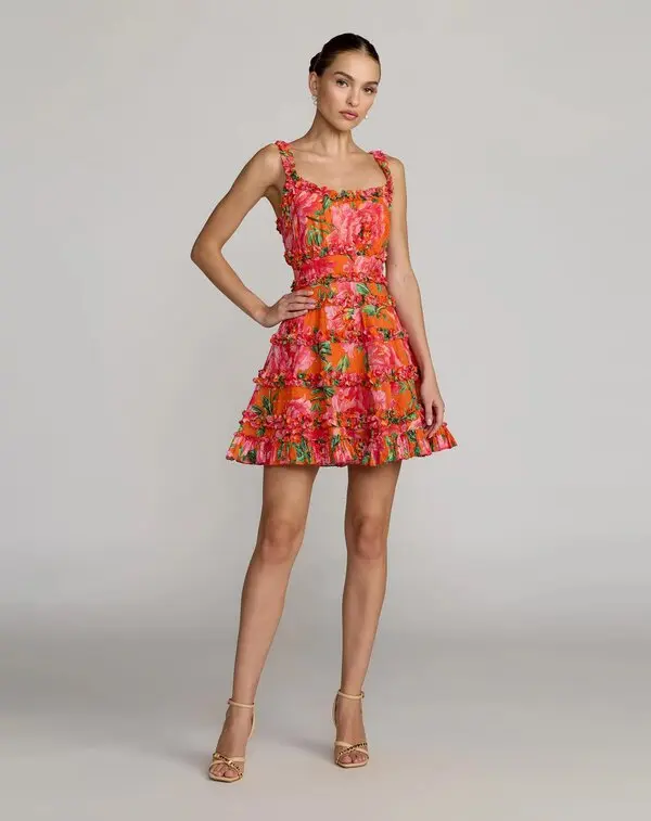 Mac Duggal Floral Square Neck Ruffled Mini Dress