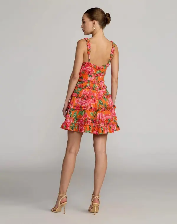 Mac Duggal Floral Square Neck Ruffled Mini Dress