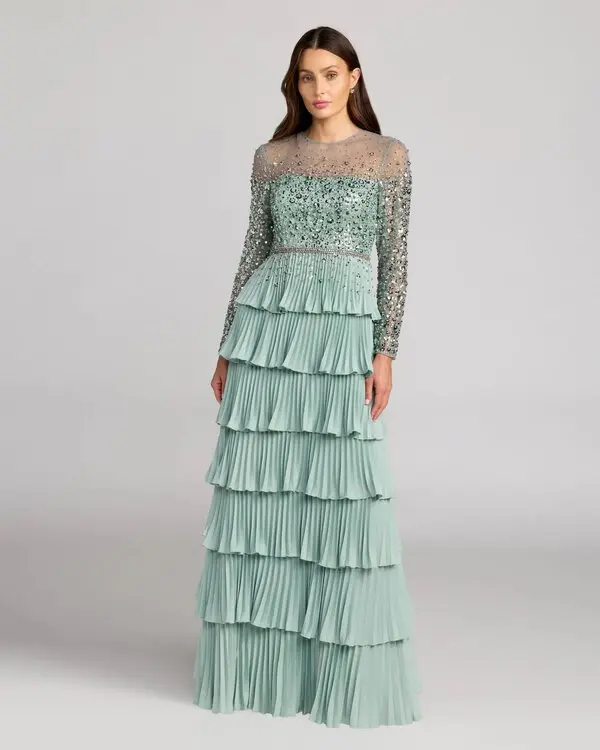 Mac Duggal Embellished Illusion Long Sleeve Gown