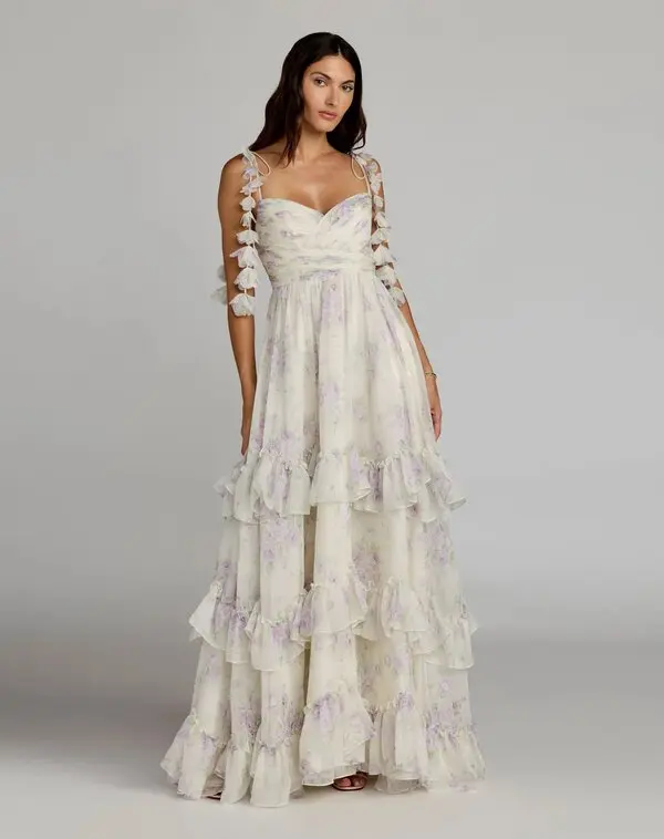 Mac Duggal Floral Chiffon Ruffle Gown With 3d Flower Straps