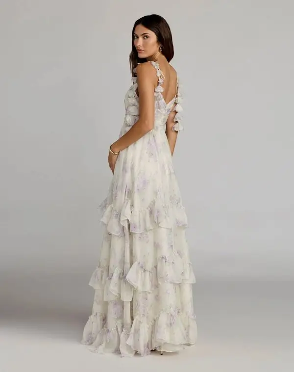 Mac Duggal Floral Chiffon Ruffle Gown With 3d Flower Straps