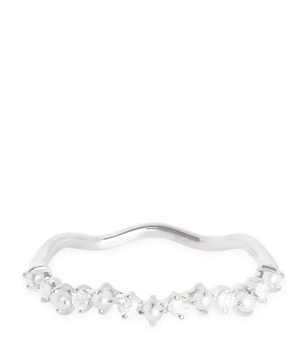 ASTRID & MIYU White Gold Wave Ring With Diamond And Pearl - Silver