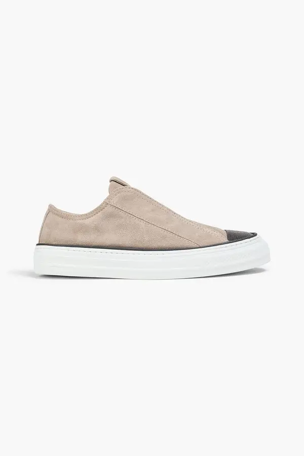 Brunello Cucinelli Beadembellished Suede Slipon Sneakers - Stone