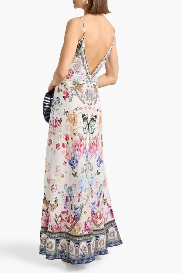 Camilla Crystal-embellished Printed Linen Maxi Dress - Blue