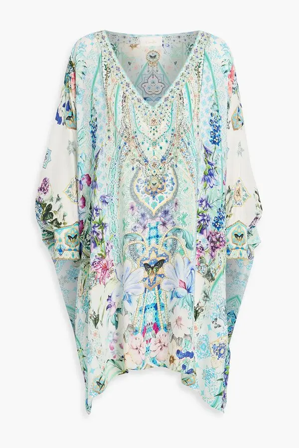 Camilla Crystalembellished Printed Silk Crepe De Chine Kaftan - Turquoise