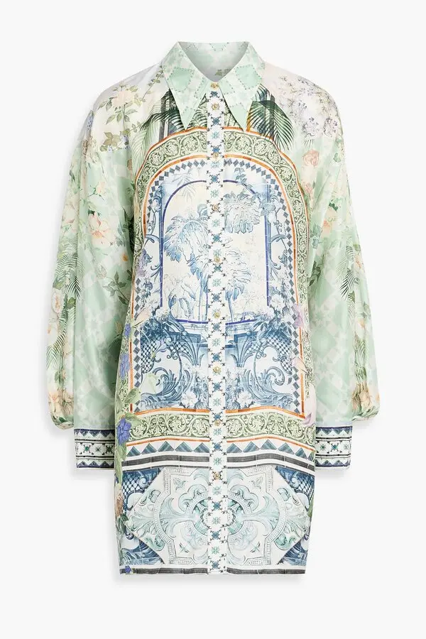 Camilla Crystal-embellished Printed Silk-twill Shirt - Mint