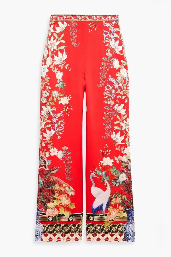 Camilla Crystal-embellished Printed Silk-satin Wide-leg Pants - Red