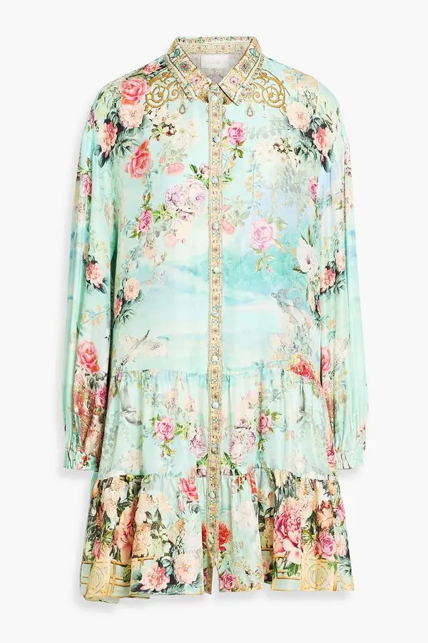 Camilla Crystalembellished Printed Silktwill Mini Shirt Dress - Mint