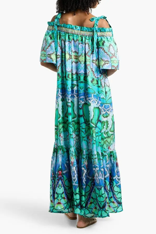 Camilla Coldshoulder Crystal-embellished Printed Silk-twill Maxi Dress