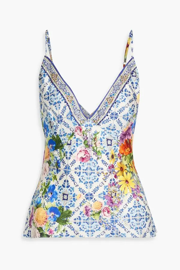 Camilla Crystal-embellished Printed Silk-twill Camisole - Blue