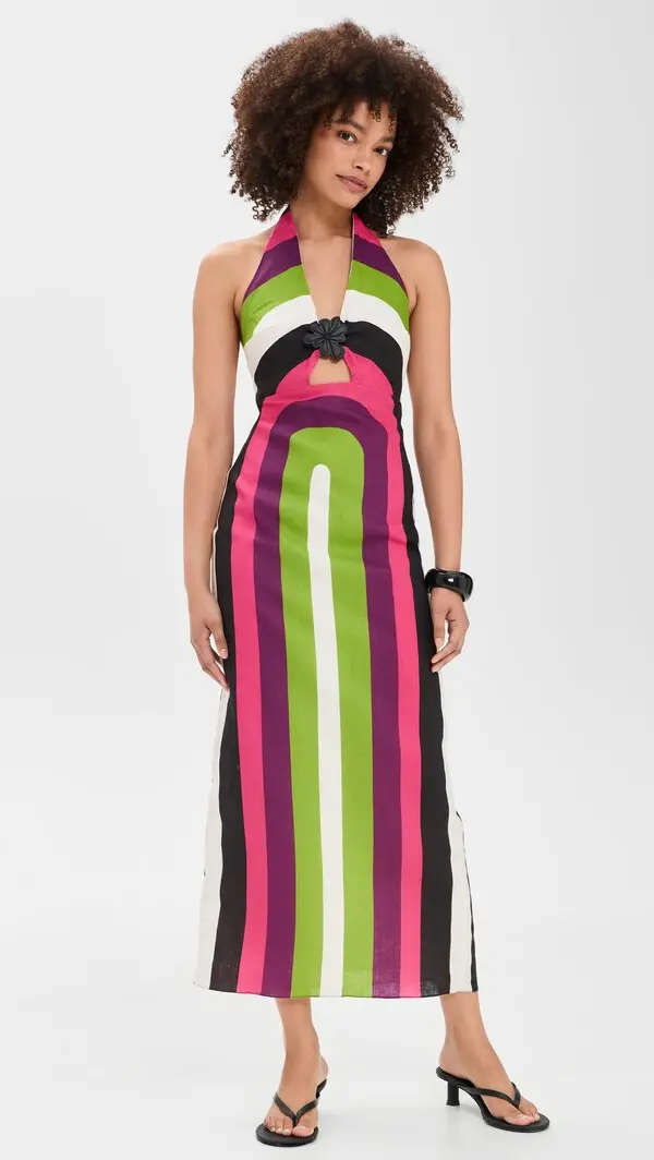 CALA DE LA CRUZ Orly Striped Linen Halterneck Maxi Dress
