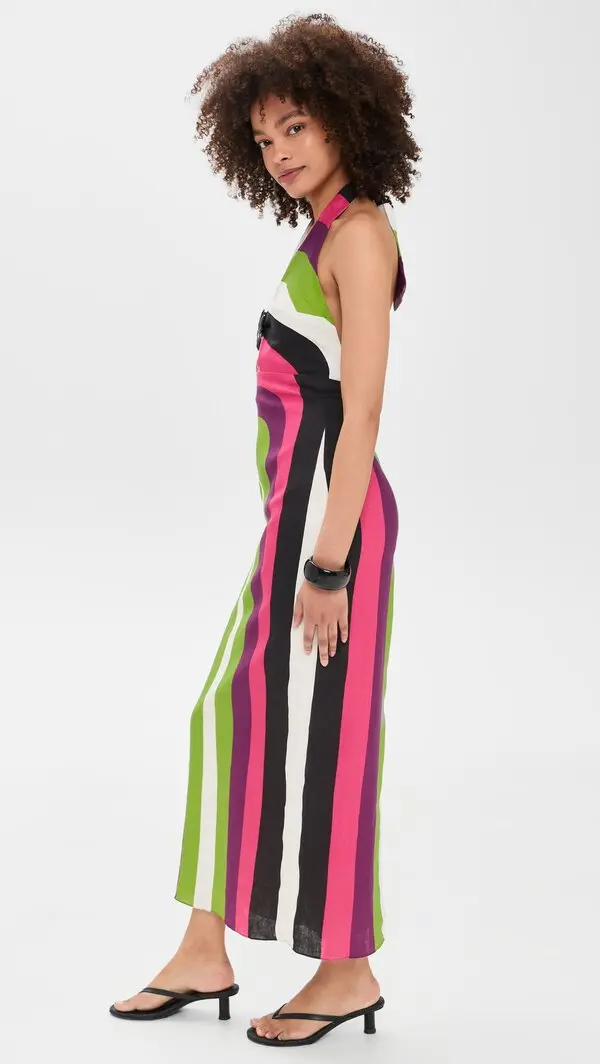 CALA DE LA CRUZ Orly Striped Linen Halterneck Maxi Dress
