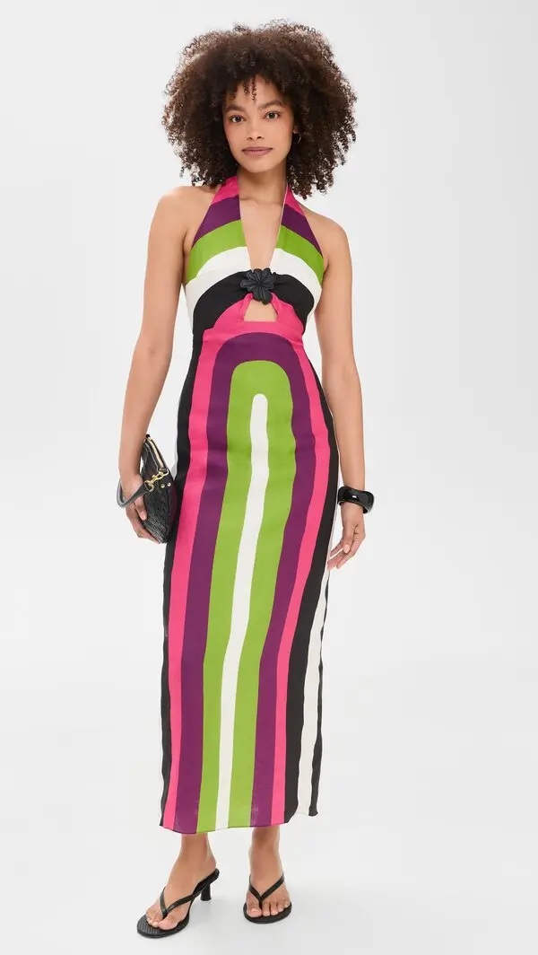 CALA DE LA CRUZ Orly Striped Linen Halterneck Maxi Dress