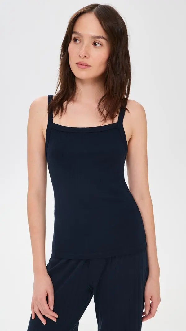 Donni. Pointelle Square Neck Tank Top - Navy