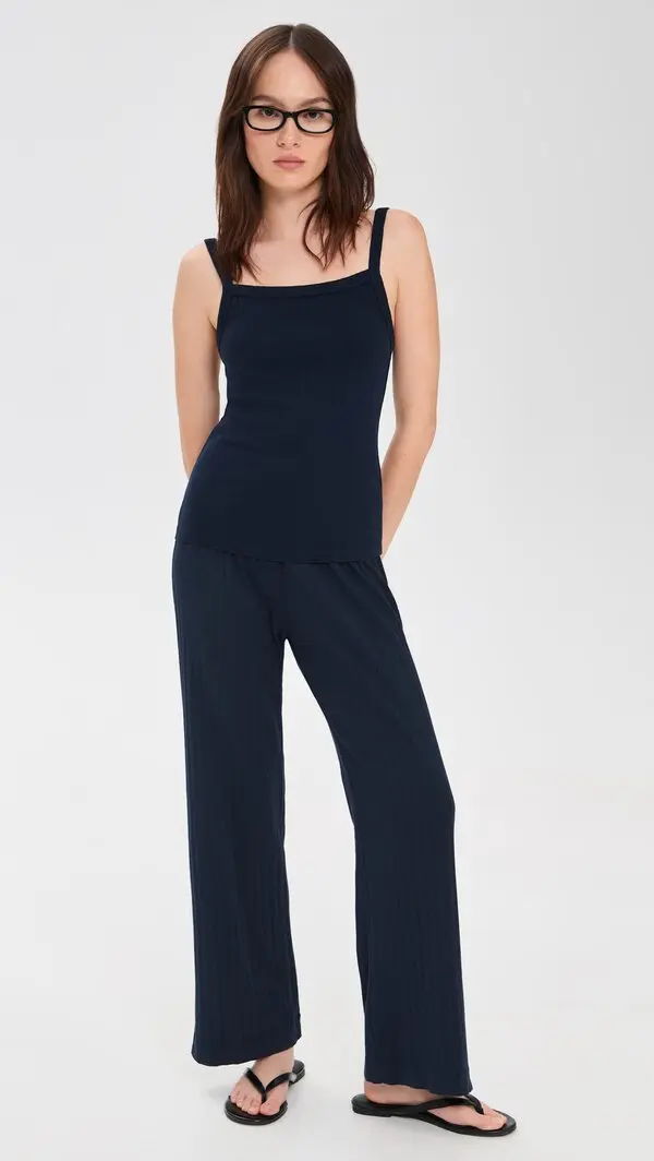 Donni. Pointelle Square Neck Tank Top - Navy